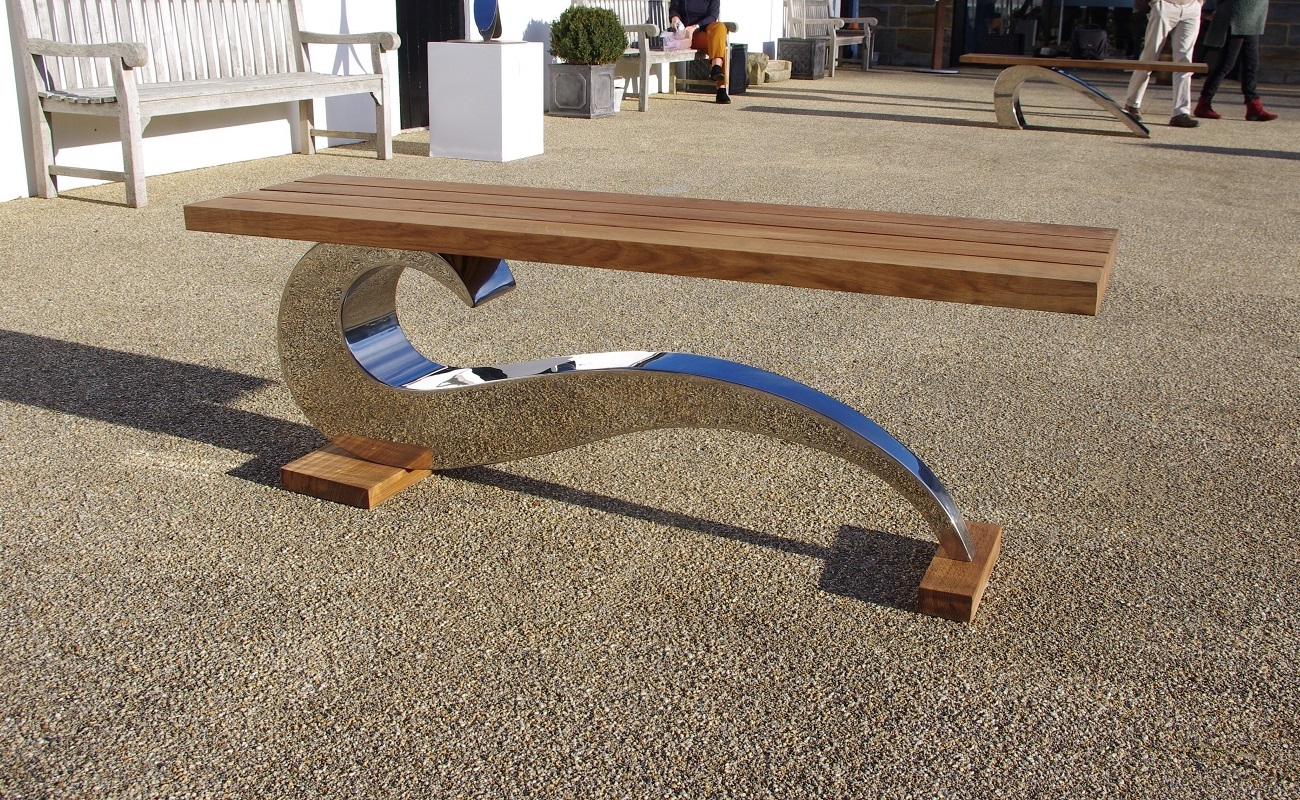 Sculptural Metal Bench stainless steel and oak - l